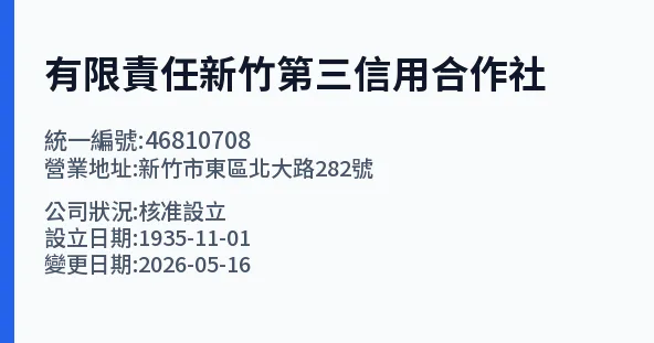 有限責任新竹第三信用合作社的照片-統編 46810708(新竹市) 公司登記資料與營業項目詳細圖表