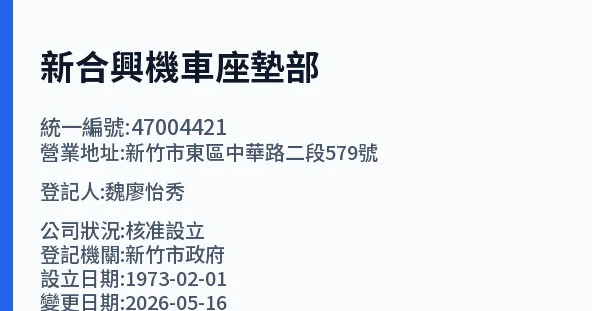 新合興機車座墊部的照片-統編 47004421(新竹市) 公司登記資料與營業項目詳細圖表