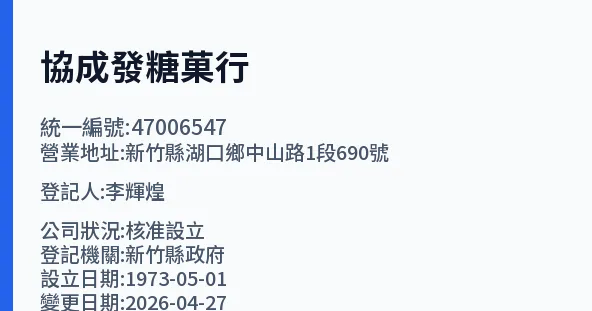 協成發糖菓行的照片-統編 47006547(新竹縣) 公司登記資料與營業項目詳細圖表