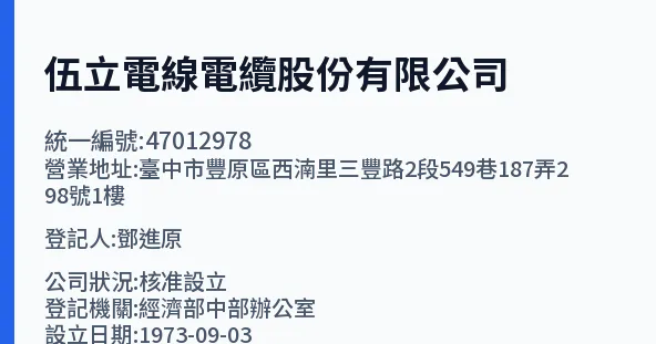 伍立電線電纜股份有限公司的照片-統編 47012978(臺中市) 公司登記資料與營業項目詳細圖表