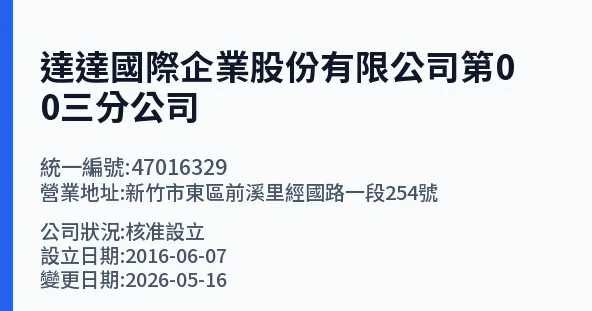 達達國際企業股份有限公司第00三分公司的照片-統編 47016329(新竹市) 公司登記資料與營業項目詳細圖表