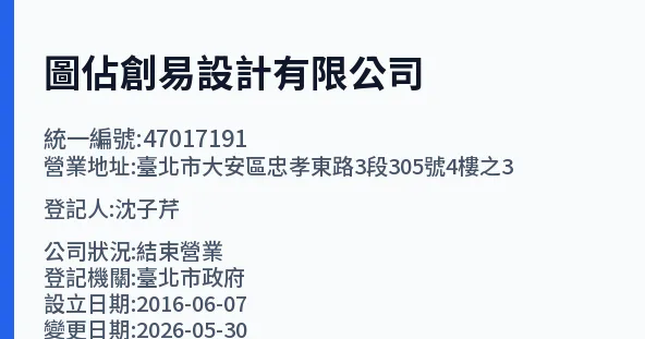 圖佔創易設計有限公司的照片-統編 47017191(臺北市) 公司登記資料與營業項目詳細圖表