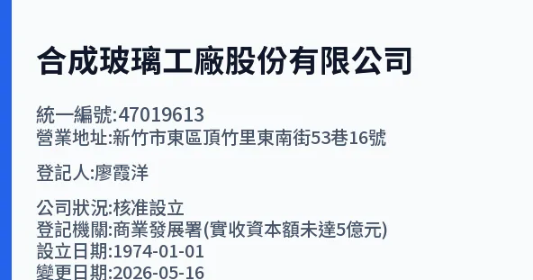合成玻璃工廠股份有限公司的照片-統編 47019613(新竹市) 公司登記資料與營業項目詳細圖表
