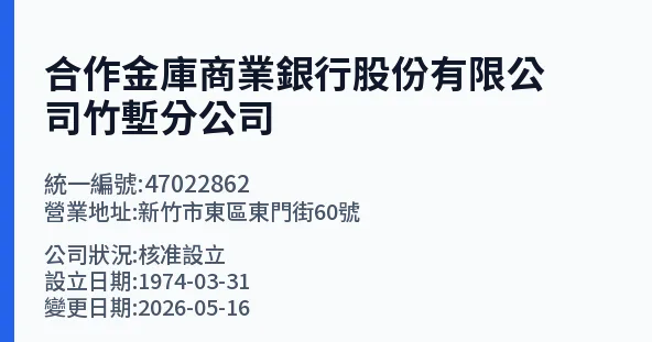 合作金庫商業銀行股份有限公司竹塹分公司的照片-統編 47022862(新竹市) 公司登記資料與營業項目詳細圖表