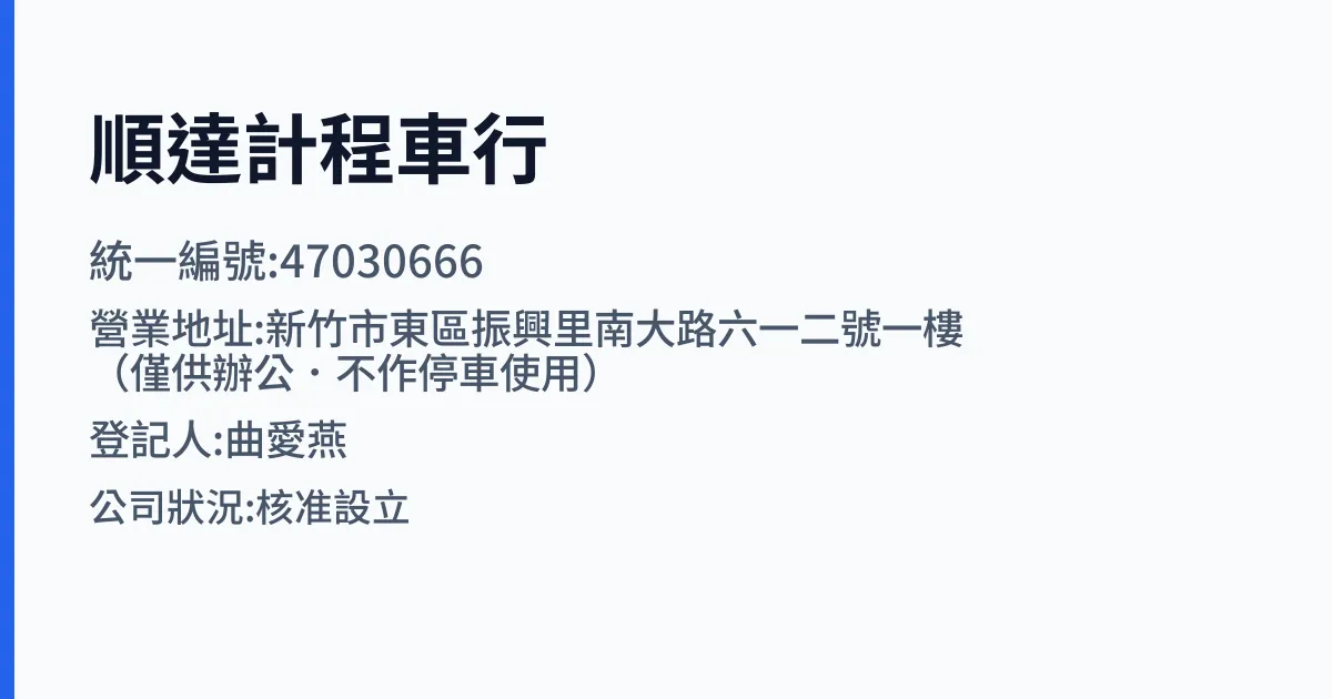順達計程車行 - 統編 47030666(新竹市) 公司登記資料與營業項目詳細圖表