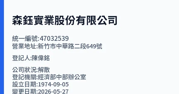 森鈺實業股份有限公司的照片-統編 47032539(新竹縣) 公司登記資料與營業項目詳細圖表