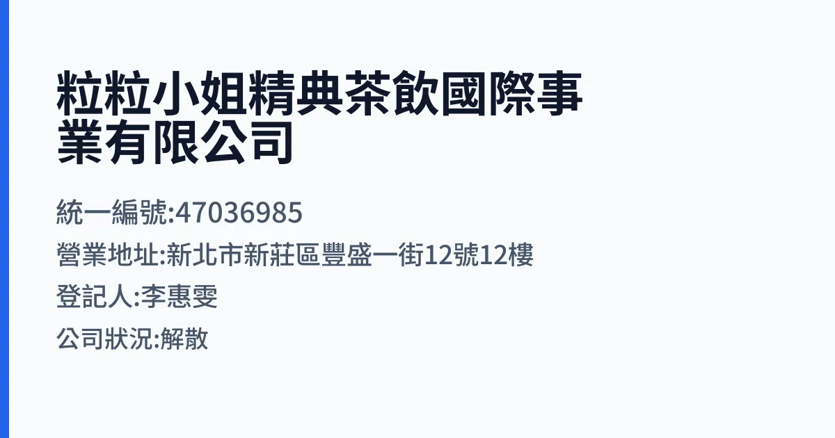 粒粒小姐精典茶飲國際事業有限公司 - 統編 47036985(新北市) 公司登記資料與營業項目詳細圖表