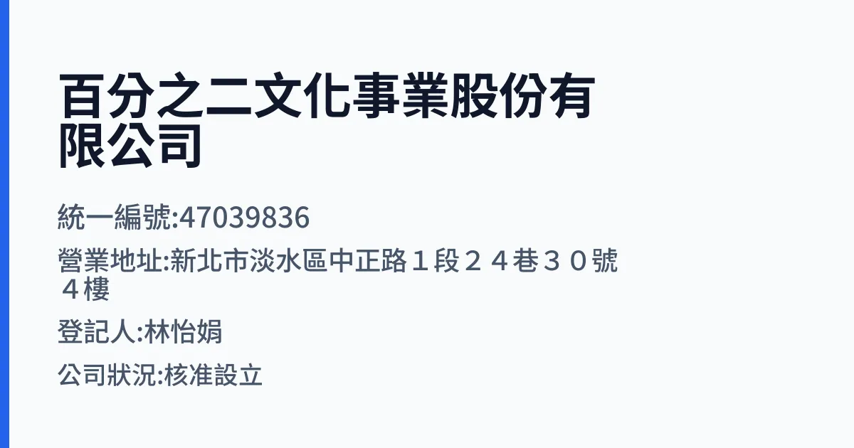 百分之二文化事業股份有限公司 - 統編 47039836(新北市) 公司登記資料與營業項目詳細圖表