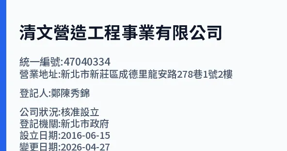 清文營造工程事業有限公司的照片-統編 47040334(新北市) 公司登記資料與營業項目詳細圖表