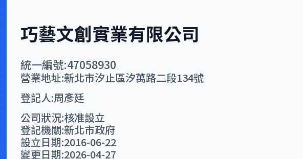 巧藝文創實業有限公司的照片-統編 47058930(新北市) 公司登記資料與營業項目詳細圖表
