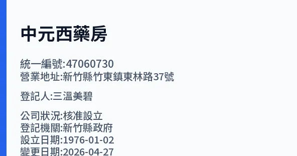 中元西藥房的照片-統編 47060730(新竹縣) 公司登記資料與營業項目詳細圖表