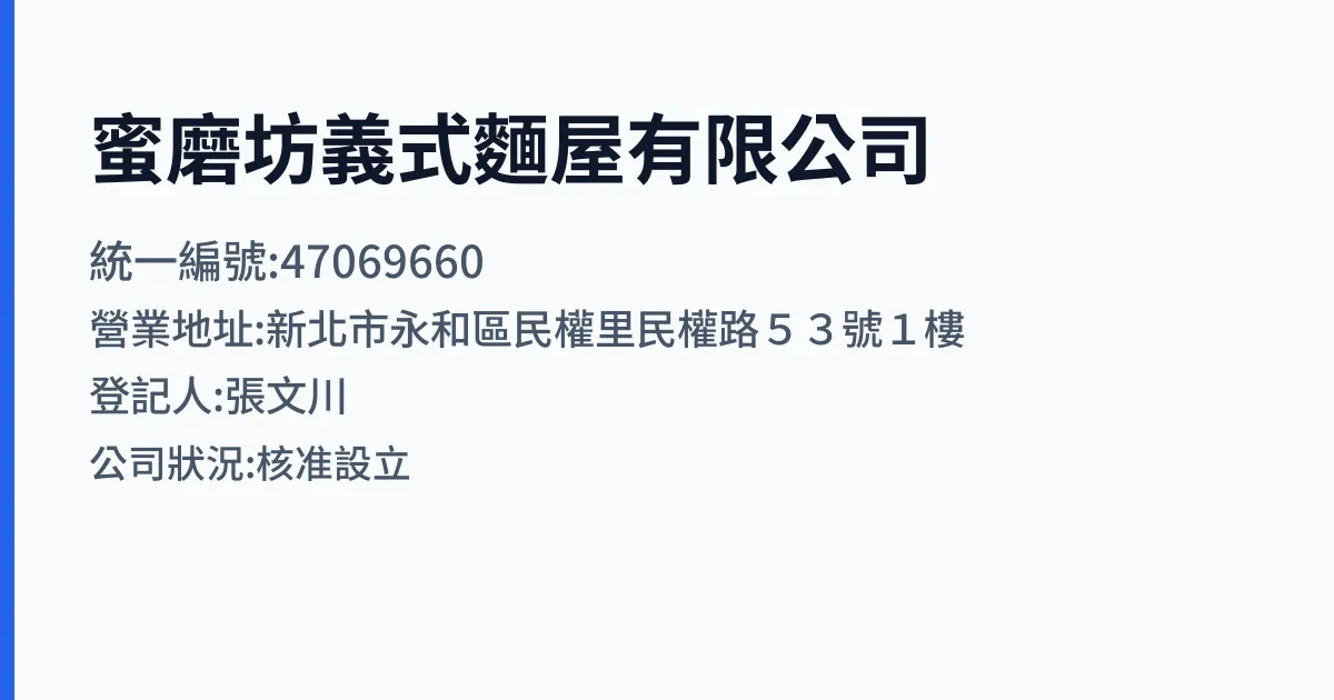 蜜磨坊義式麵屋有限公司 - 統編 47069660(新北市) 公司登記資料與營業項目詳細圖表