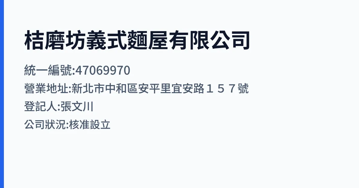 桔磨坊義式麵屋有限公司 - 統編 47069970(新北市) 公司登記資料與營業項目詳細圖表
