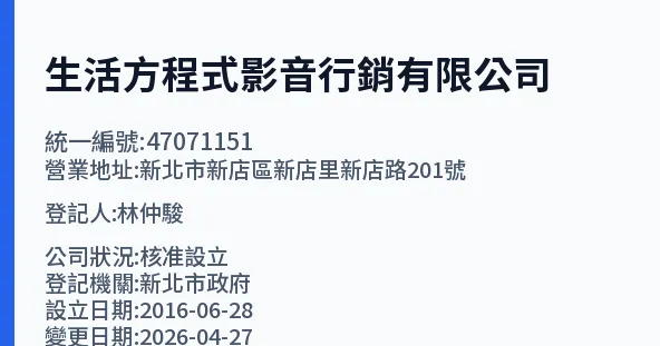 生活方程式影音行銷有限公司的照片-統編 47071151(新北市) 公司登記資料與營業項目詳細圖表
