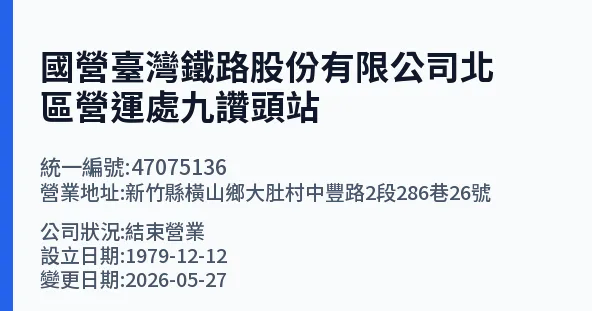 國營臺灣鐵路股份有限公司北區營運處九讚頭站的照片-統編 47075136(新竹縣) 公司登記資料與營業項目詳細圖表