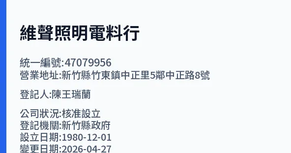 維聲照明電料行的照片-統編 47079956(新竹縣) 公司登記資料與營業項目詳細圖表
