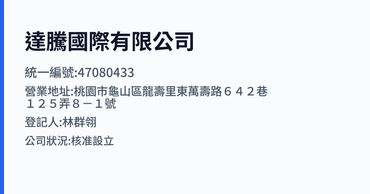 達騰國際有限公司 - 統編 47080433(桃園市) 公司登記資料與營業項目詳細圖表