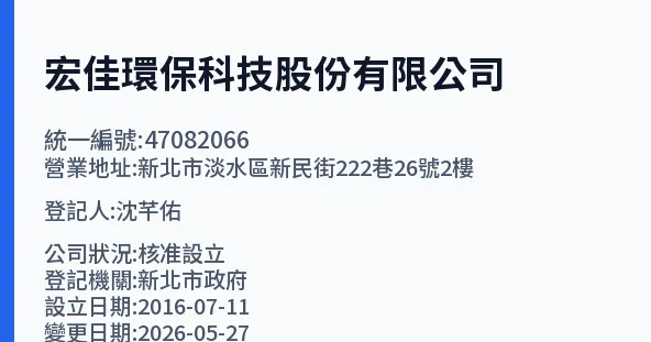 宏佳環保科技股份有限公司的照片-統編 47082066(新北市) 公司登記資料與營業項目詳細圖表