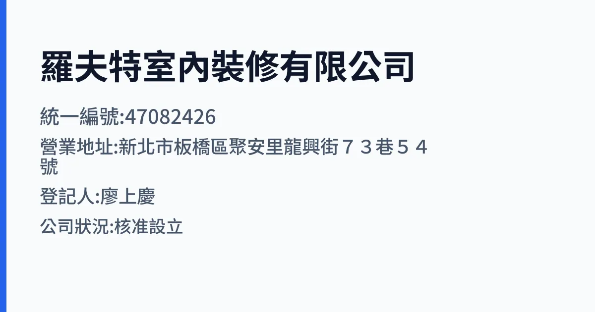 羅夫特室內裝修有限公司 - 統編 47082426(新北市) 公司登記資料與營業項目詳細圖表