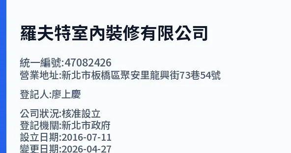 羅夫特室內裝修有限公司的照片-統編 47082426(新北市) 公司登記資料與營業項目詳細圖表
