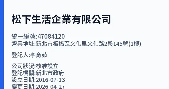 松下生活企業有限公司的照片-統編 47084120(新北市) 公司登記資料與營業項目詳細圖表
