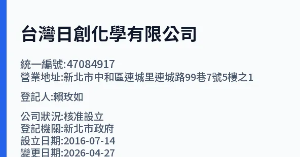 台灣日創化學有限公司的照片-統編 47084917(新北市) 公司登記資料與營業項目詳細圖表
