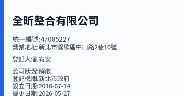 全昕整合有限公司的照片-統編 47085227(新北市) 公司登記資料與營業項目詳細圖表