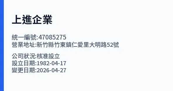 上進企業的照片-統編 47085275(新竹縣) 公司登記資料與營業項目詳細圖表
