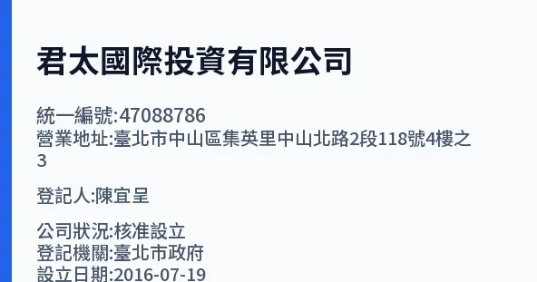 君太國際投資有限公司的照片-統編 47088786(臺北市) 公司登記資料與營業項目詳細圖表