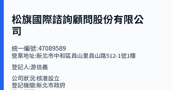 松旗國際諮詢顧問股份有限公司的照片-統編 47089589(新北市) 公司登記資料與營業項目詳細圖表