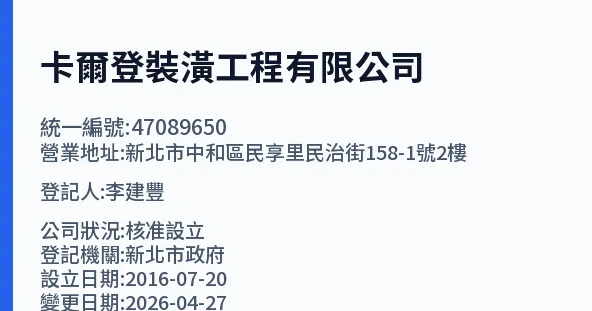 卡爾登裝潢工程有限公司的照片-統編 47089650(新北市) 公司登記資料與營業項目詳細圖表