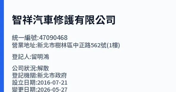 智祥汽車修護有限公司的照片-統編 47090468(新北市) 公司登記資料與營業項目詳細圖表