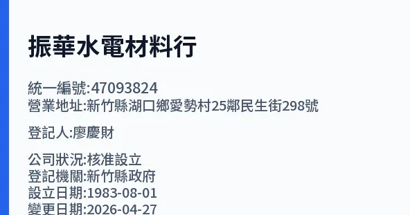 振華水電材料行的照片-統編 47093824(新竹縣) 公司登記資料與營業項目詳細圖表