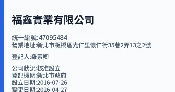 福鑫實業有限公司的照片-統編 47095484(新北市) 公司登記資料與營業項目詳細圖表