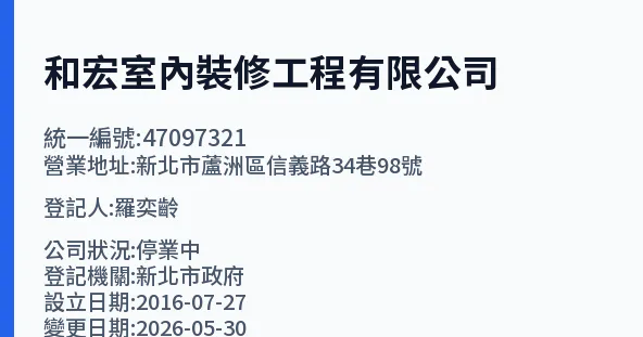 和宏室內裝修工程有限公司的照片-統編 47097321(新北市) 公司登記資料與營業項目詳細圖表