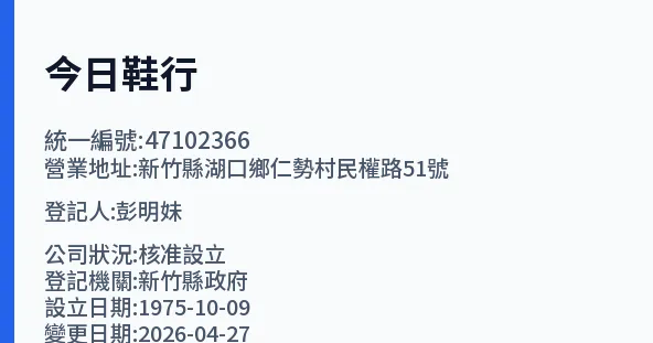 今日鞋行的照片-統編 47102366(新竹縣) 公司登記資料與營業項目詳細圖表