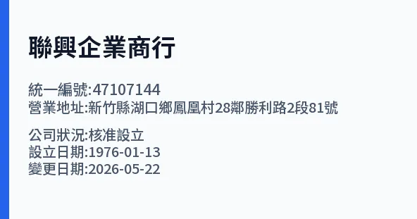 聯興企業商行的照片-統編 47107144(新竹縣) 公司登記資料與營業項目詳細圖表