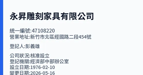 永昇雕刻家具有限公司的照片-統編 47108220(新竹市) 公司登記資料與營業項目詳細圖表