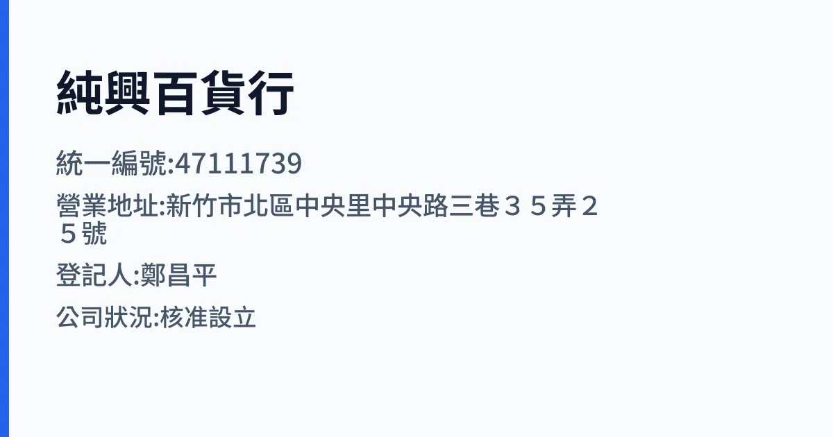 純興百貨行 - 統編 47111739(新竹市) 公司登記資料與營業項目詳細圖表