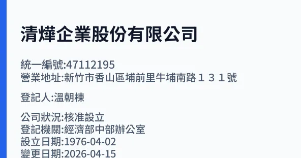 清燁企業股份有限公司的照片-統編 47112195(新竹市) 公司登記資料與營業項目詳細圖表