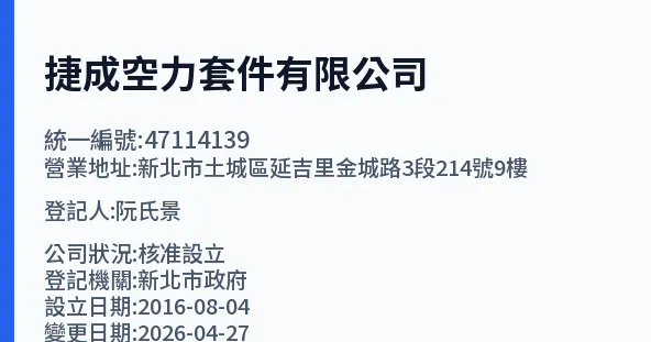 捷成空力套件有限公司的照片-統編 47114139(新北市) 公司登記資料與營業項目詳細圖表