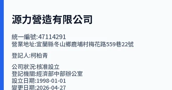 源力營造有限公司的照片-統編 47114291(宜蘭縣) 公司登記資料與營業項目詳細圖表