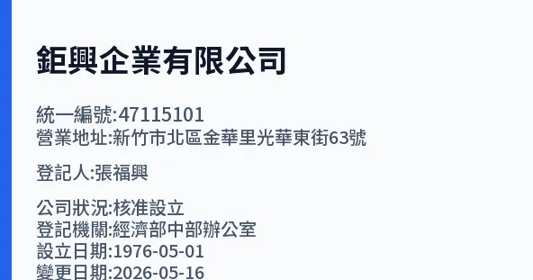 鉅興企業有限公司的照片-統編 47115101(新竹市) 公司登記資料與營業項目詳細圖表