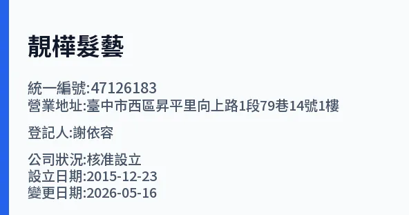 靚樺髮藝的照片-統編 47126183(臺中市) 公司登記資料與營業項目詳細圖表