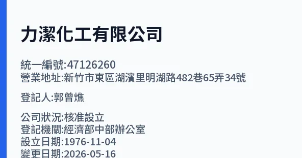 力潔化工有限公司的照片-統編 47126260(新竹市) 公司登記資料與營業項目詳細圖表