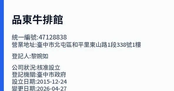 品東牛排館的照片-統編 47128838(臺中市) 公司登記資料與營業項目詳細圖表