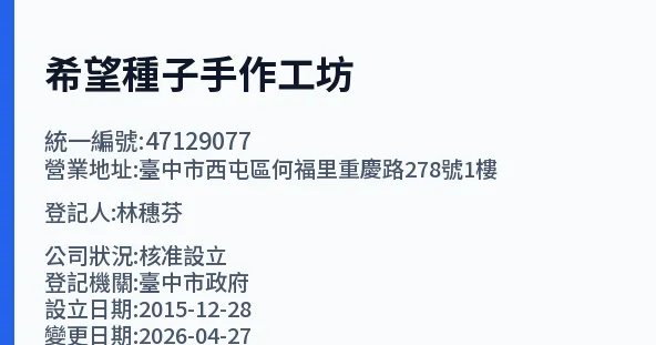 希望種子手作工坊的照片-統編 47129077(臺中市) 公司登記資料與營業項目詳細圖表