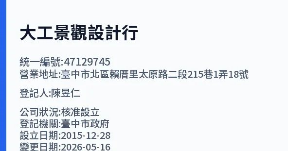 大工景觀設計行的照片-統編 47129745(臺中市) 公司登記資料與營業項目詳細圖表