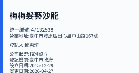 梅梅髮藝沙龍的照片-統編 47132538(臺中市) 公司登記資料與營業項目詳細圖表