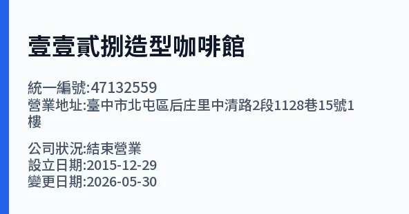 壹壹貳捌造型咖啡館的照片-統編 47132559(臺中市) 公司登記資料與營業項目詳細圖表